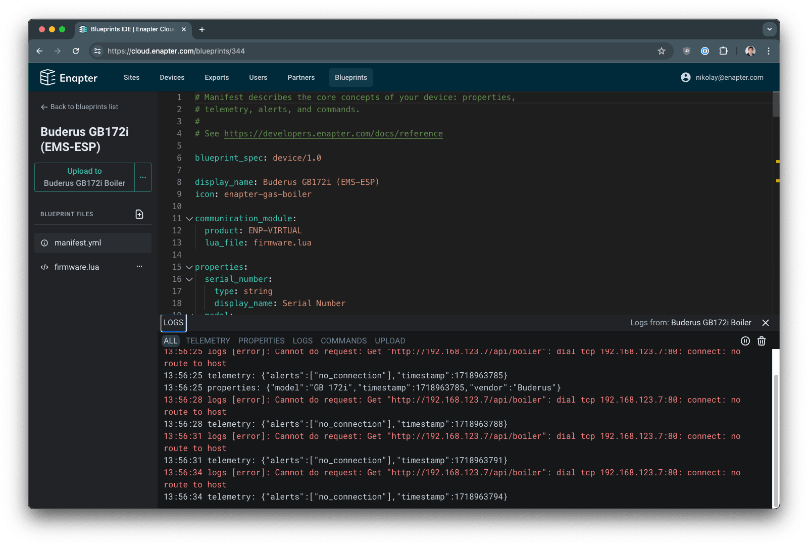 Debugging Blueprint (Getting Logs from UCM) | Enapter Developer Toolkit Debugging Blueprint (Getting Logs from UCM) | Enapter Developer Toolkit